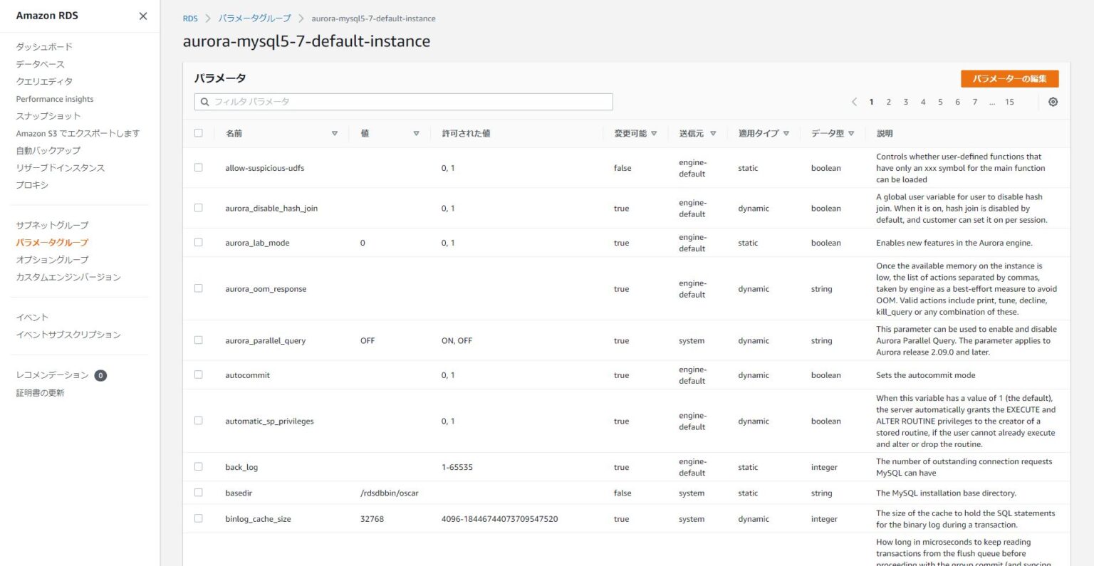 Amazon Aurora MySQL 5.7 オプショングループ DB Parameter Group デフォルトパラメータ一覧表 | Shima System Academy